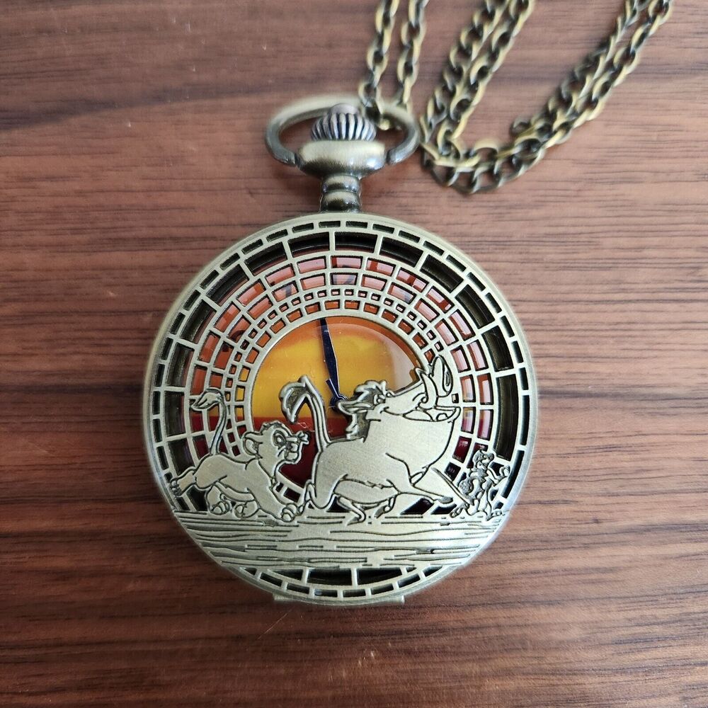 Disney Timon Pumbaa Antique Gold Tone Pocket Watch On… - Gem